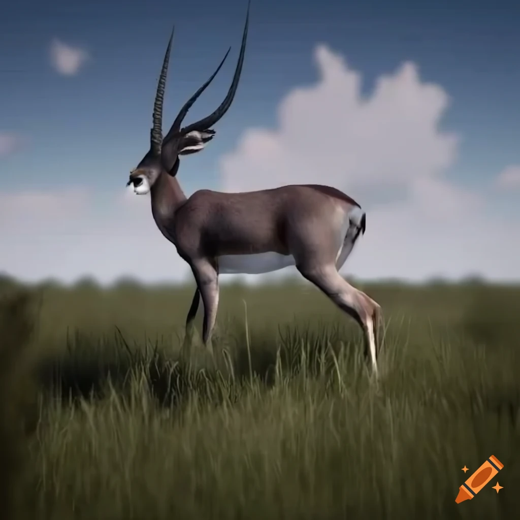 Grey antelope with distinctive features standing on grassland meadow on ...