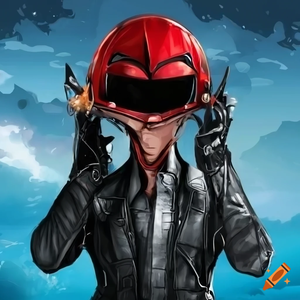 Rider with red helmet and black jacket with bat theme on Craiyon