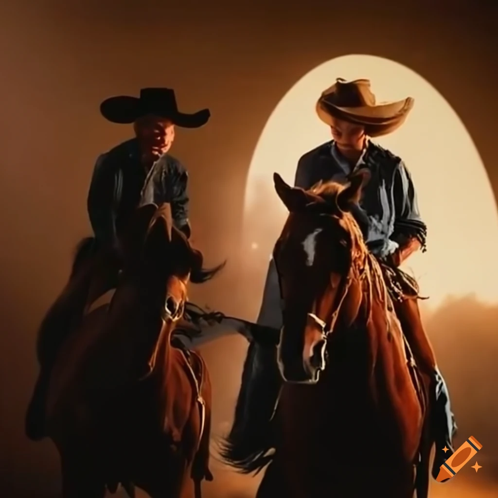 Cowboy couple riding on horses entering a church on Craiyon