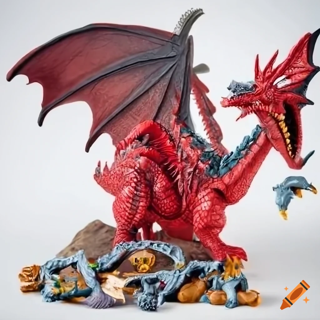 Giant red dragon guarding treasure in its cave with open wings on Craiyon