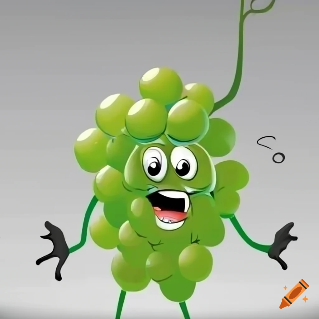 Cartoon green grape character with lively body language on Craiyon