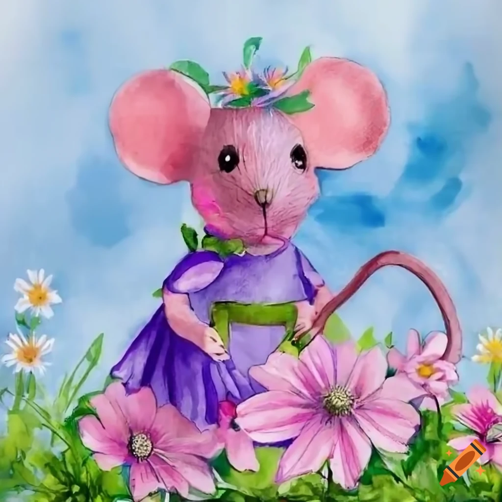 Cute pink mouse made of flower blossoms in a flower field watercolor ...