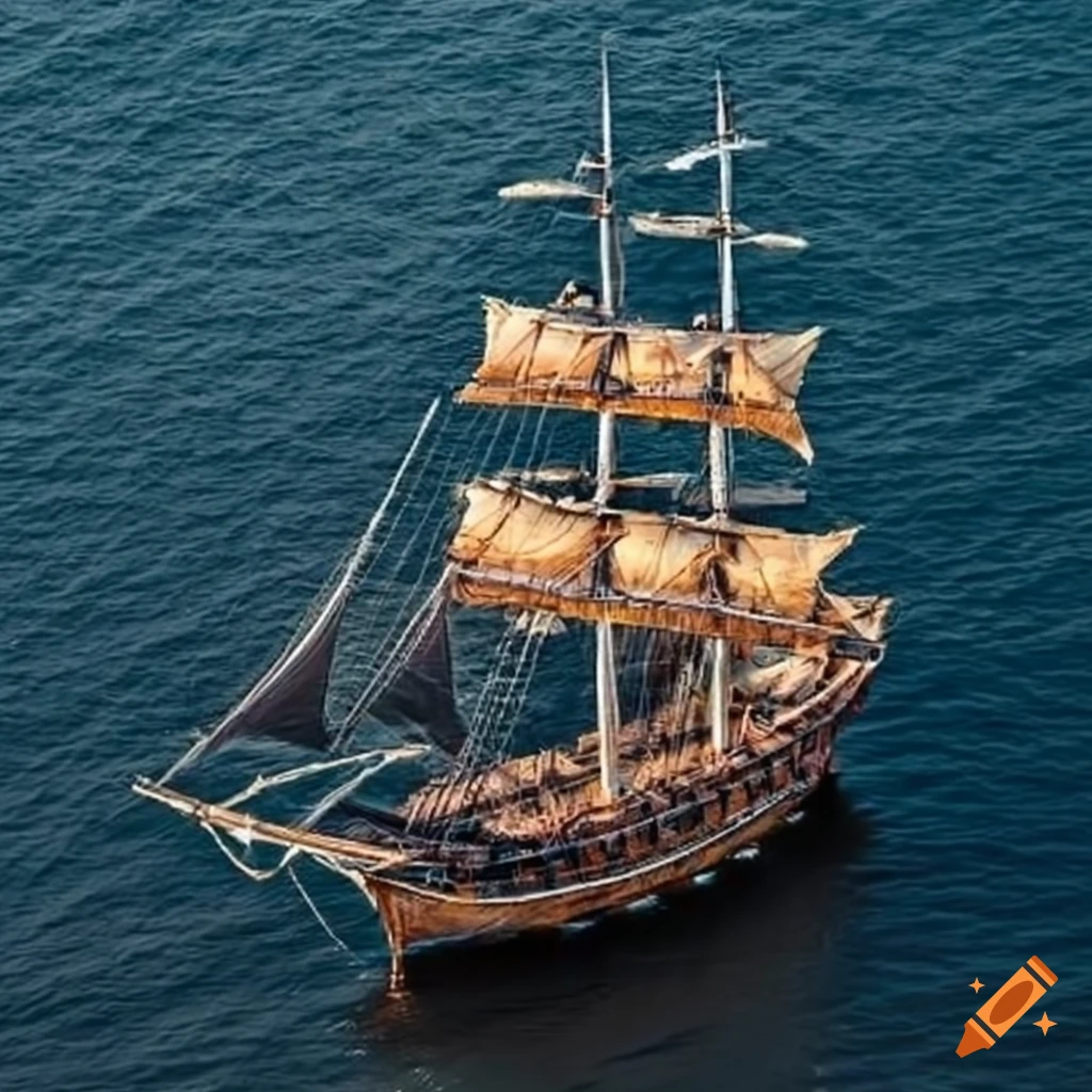 Large wooden ship with black sails seen from above on Craiyon