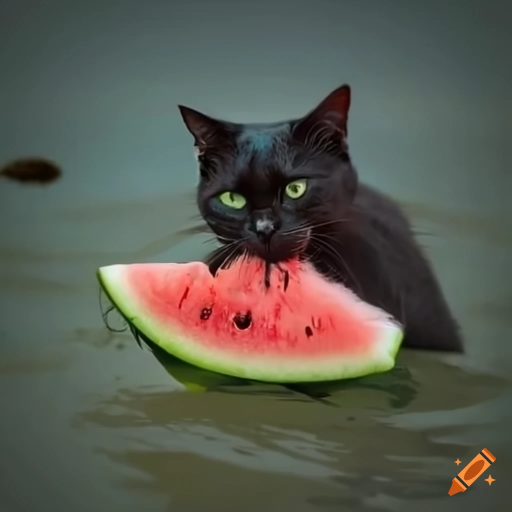 Black cat eating watermelon in the ocean on Craiyon