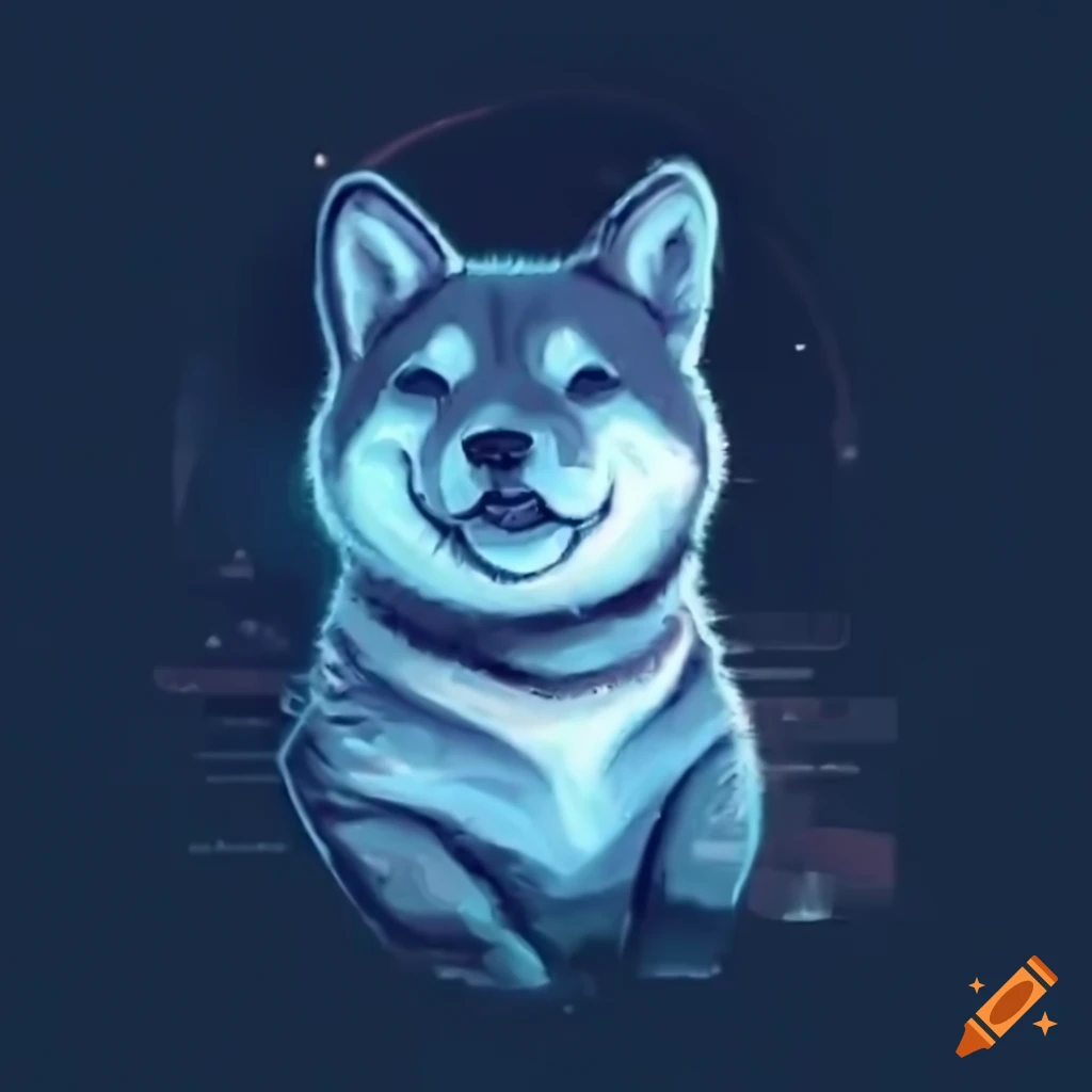 Shiba inu logo on a coin with a technological background in 8k ...