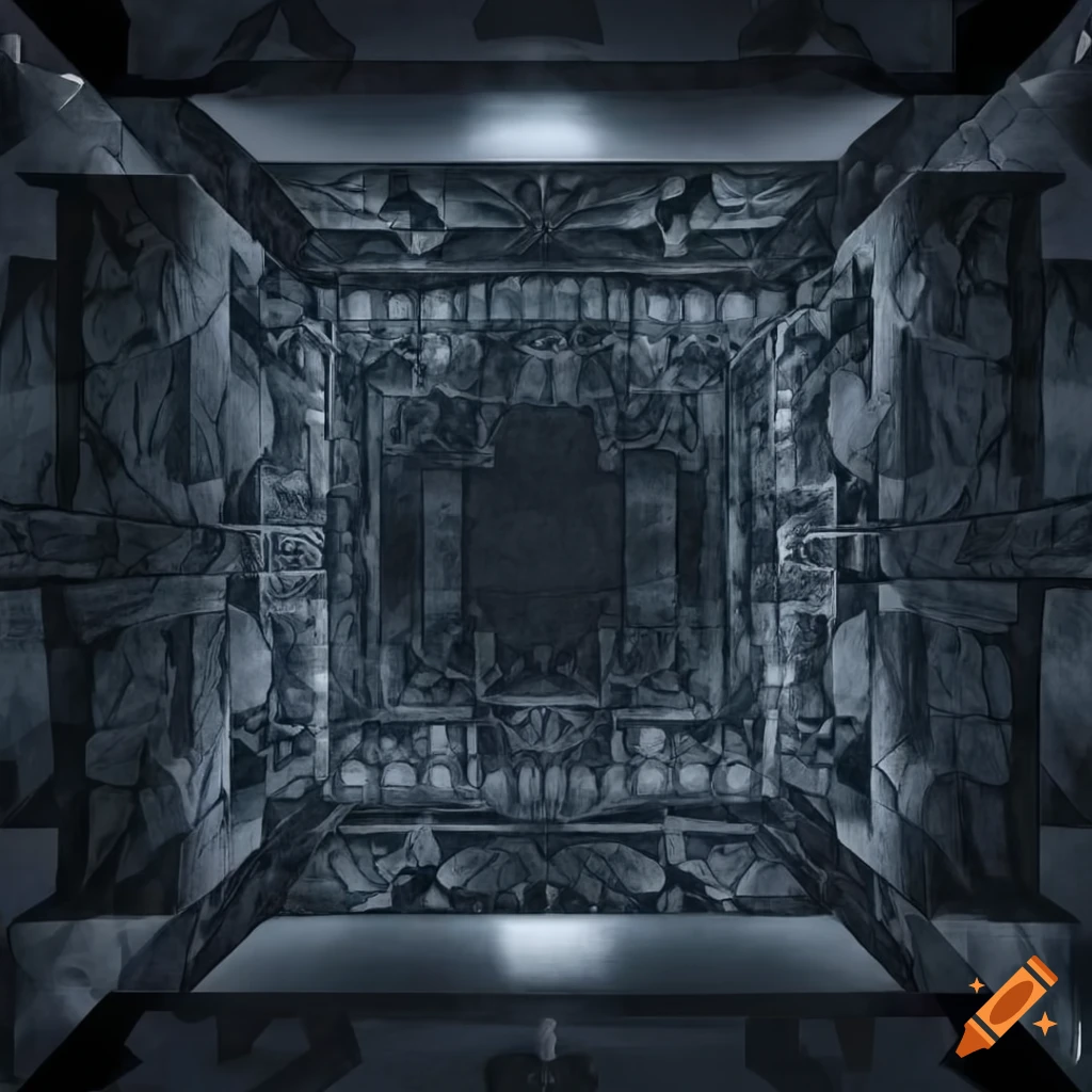 Escher-style black stone room with impossible geometry on Craiyon