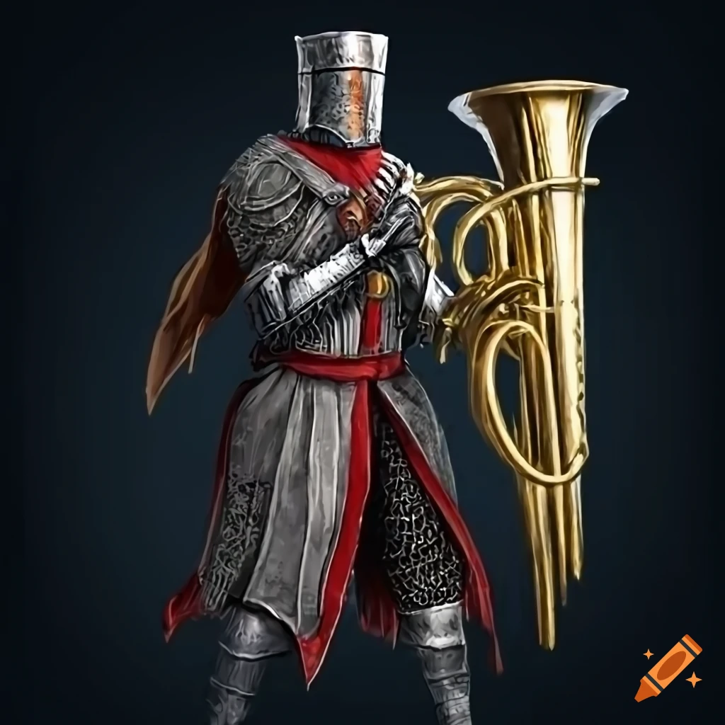 Templar knight holding a tuba in a dark souls style on Craiyon