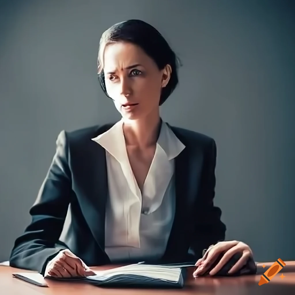 Adult female Spanish lawyer in a business suit at her office desk on ...