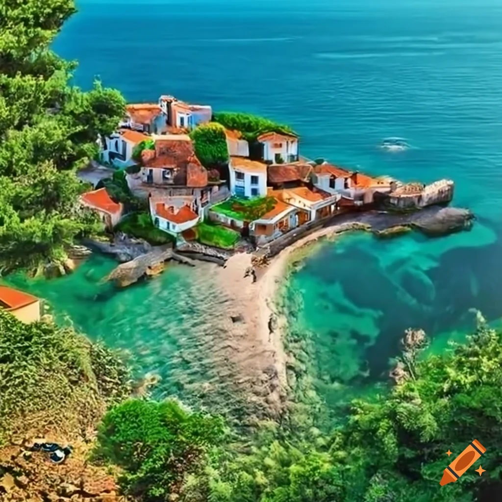 Enchanting coastal village surrounded by lush greenery near the sea on ...