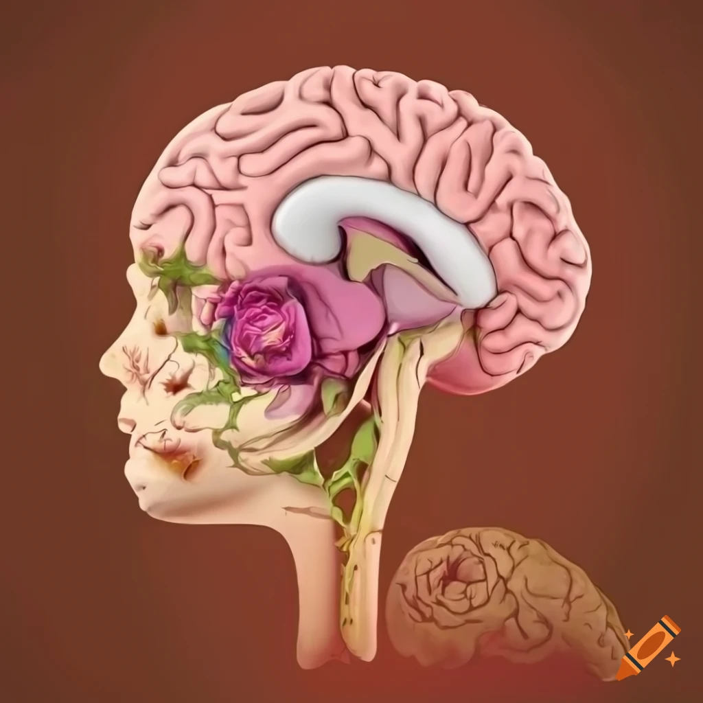 Brain anatomy illustration with decaying roses in botany terms on Craiyon