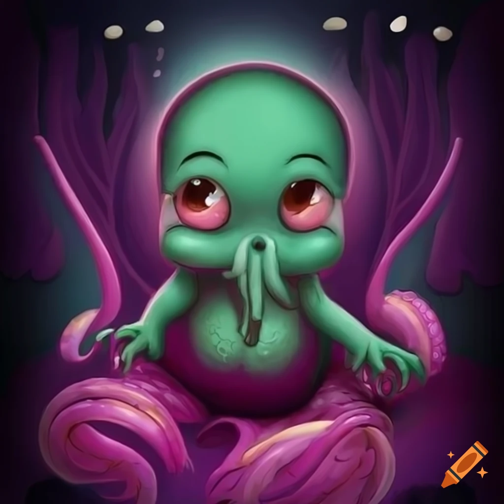 Cute baby Cthulhu in a cartoon style on Craiyon
