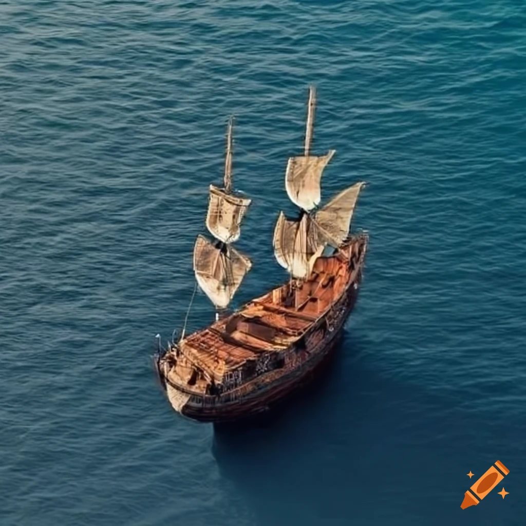 Large wooden ship with black sails viewed from above on Craiyon