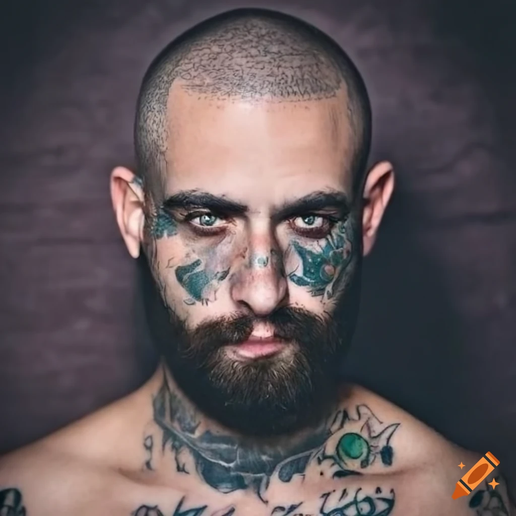 Rugged man with tattoos, beard, and dark eyes on Craiyon