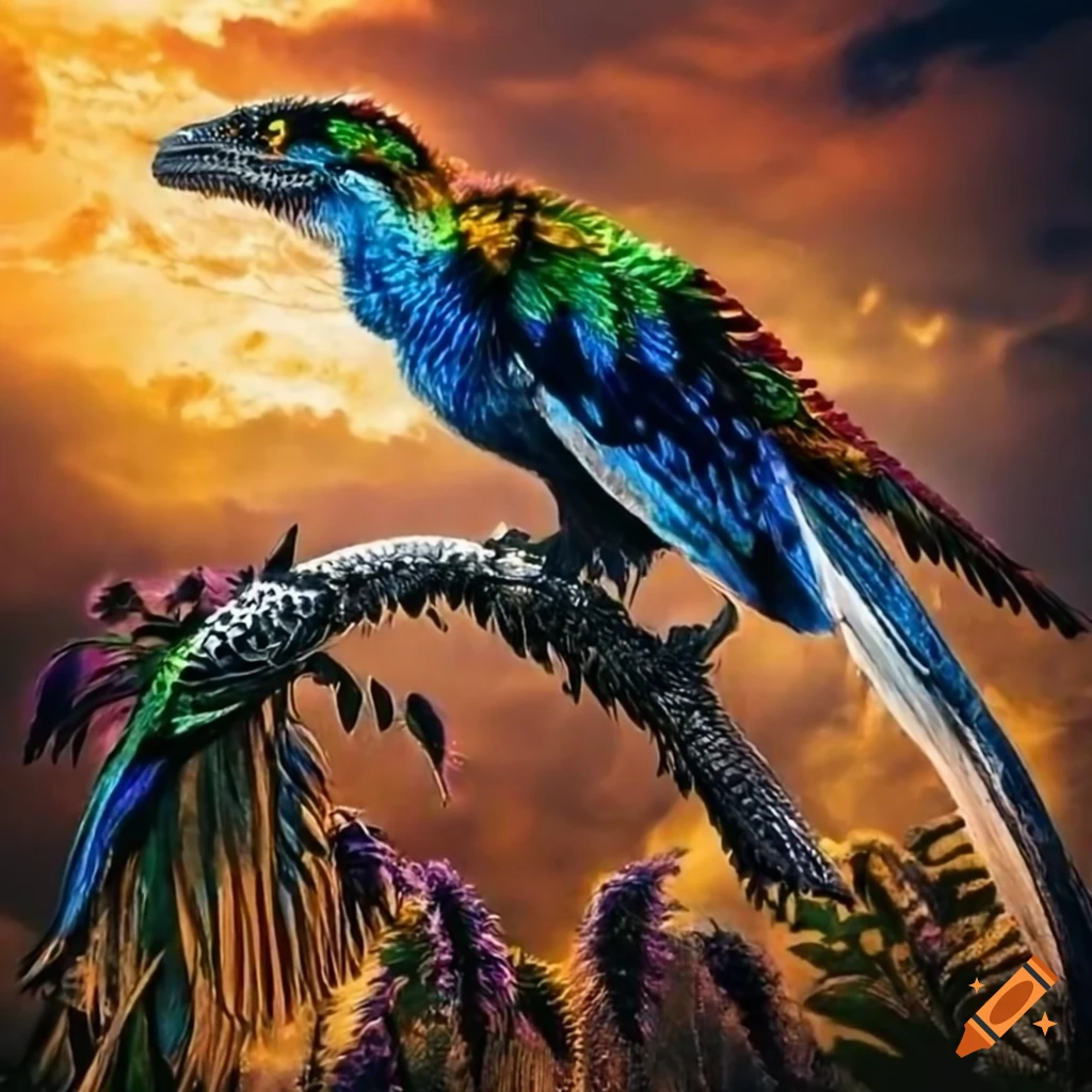Majestic feathered velociraptor with multi-colored wings on Craiyon