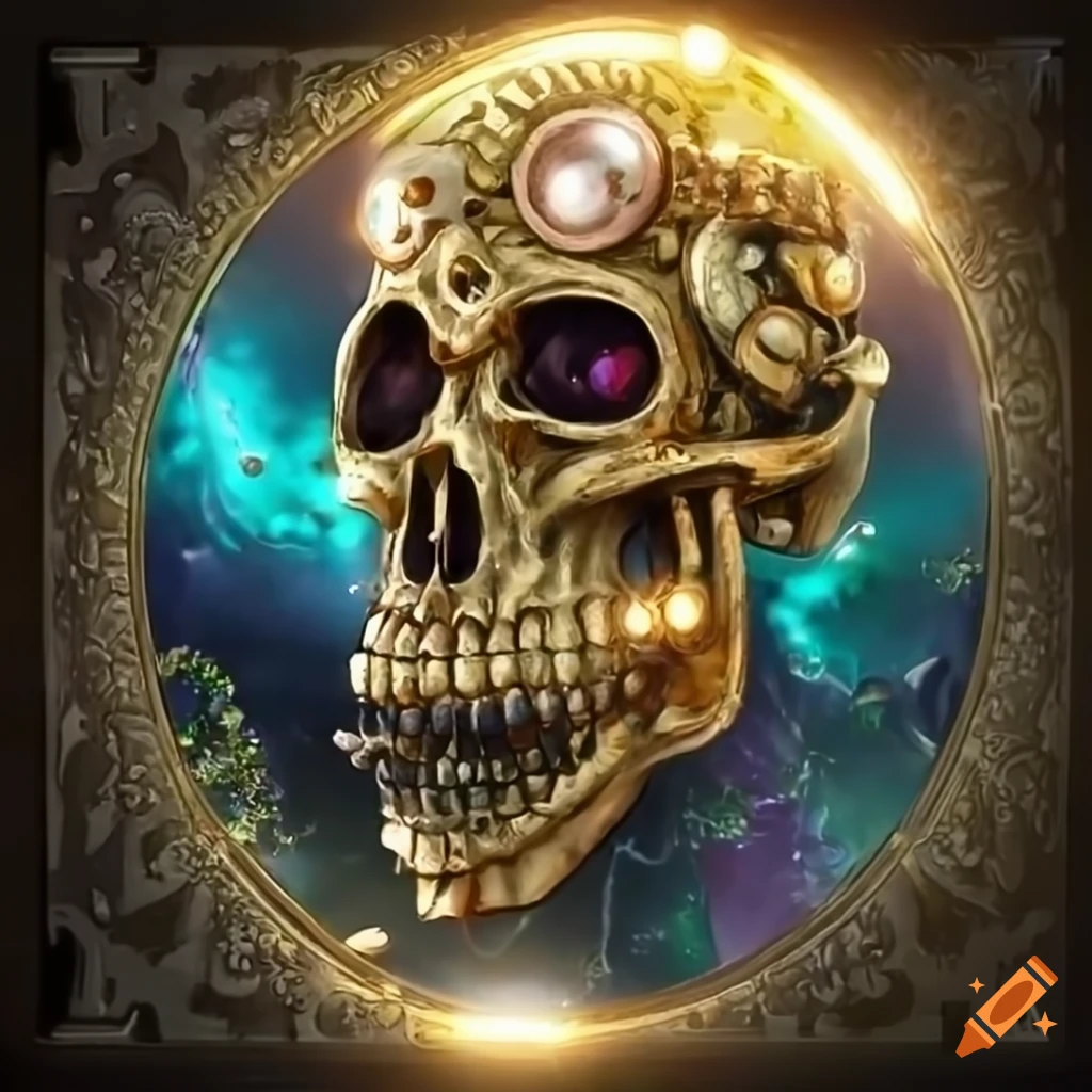 Golden plated skull with colorful gem stones and ethnical carving under ...