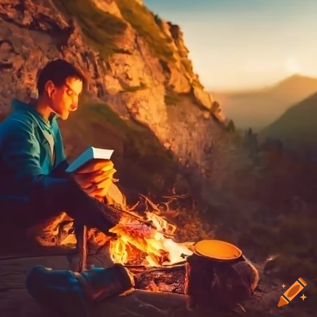 Man reading books at a mountain campsite with campfire on Craiyon