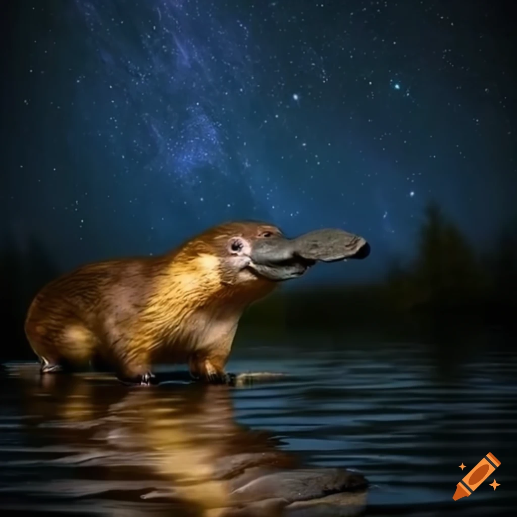 Platypus in a swamp under a starry night sky with mountains in the ...