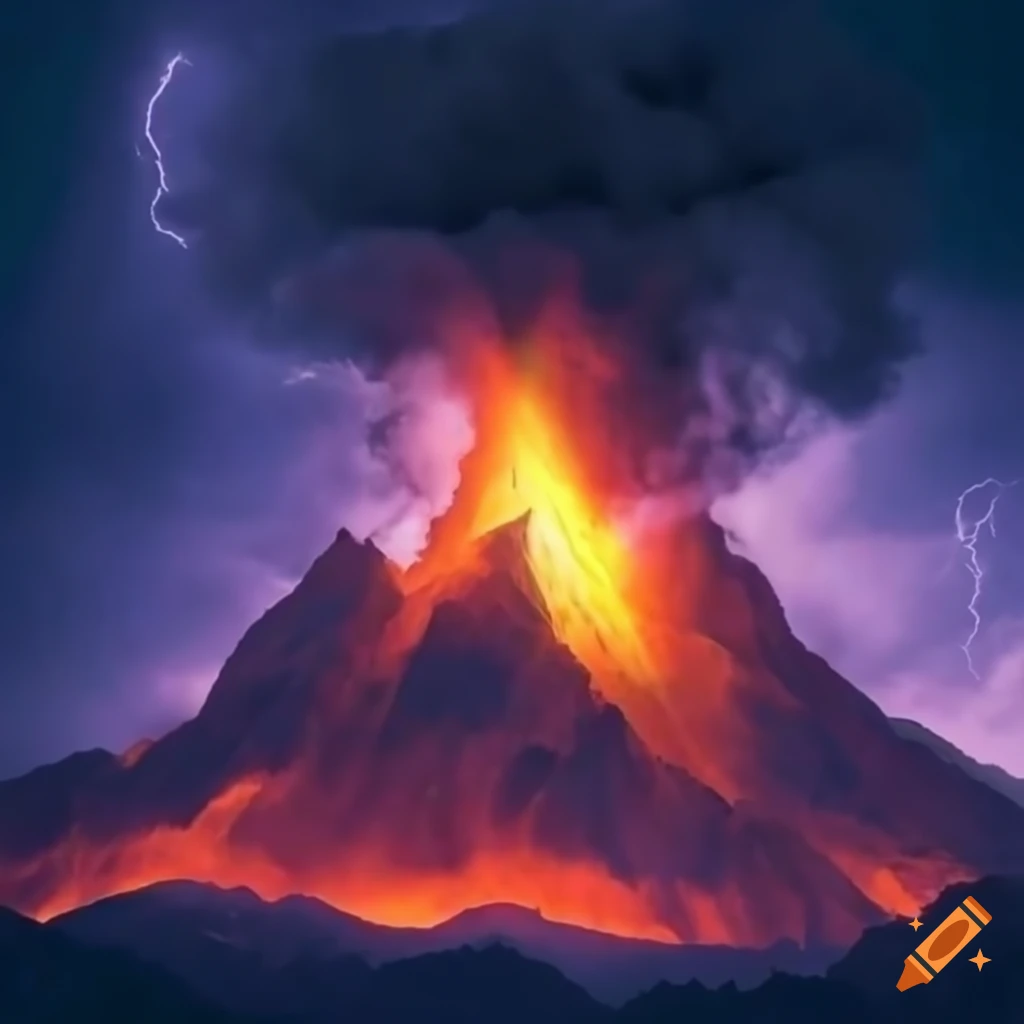 Mountain engulfed in fire with smoke and lightning on Craiyon