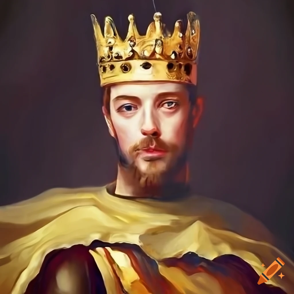 Portrait of a handsome king wearing a pure gold medieval crown on Craiyon