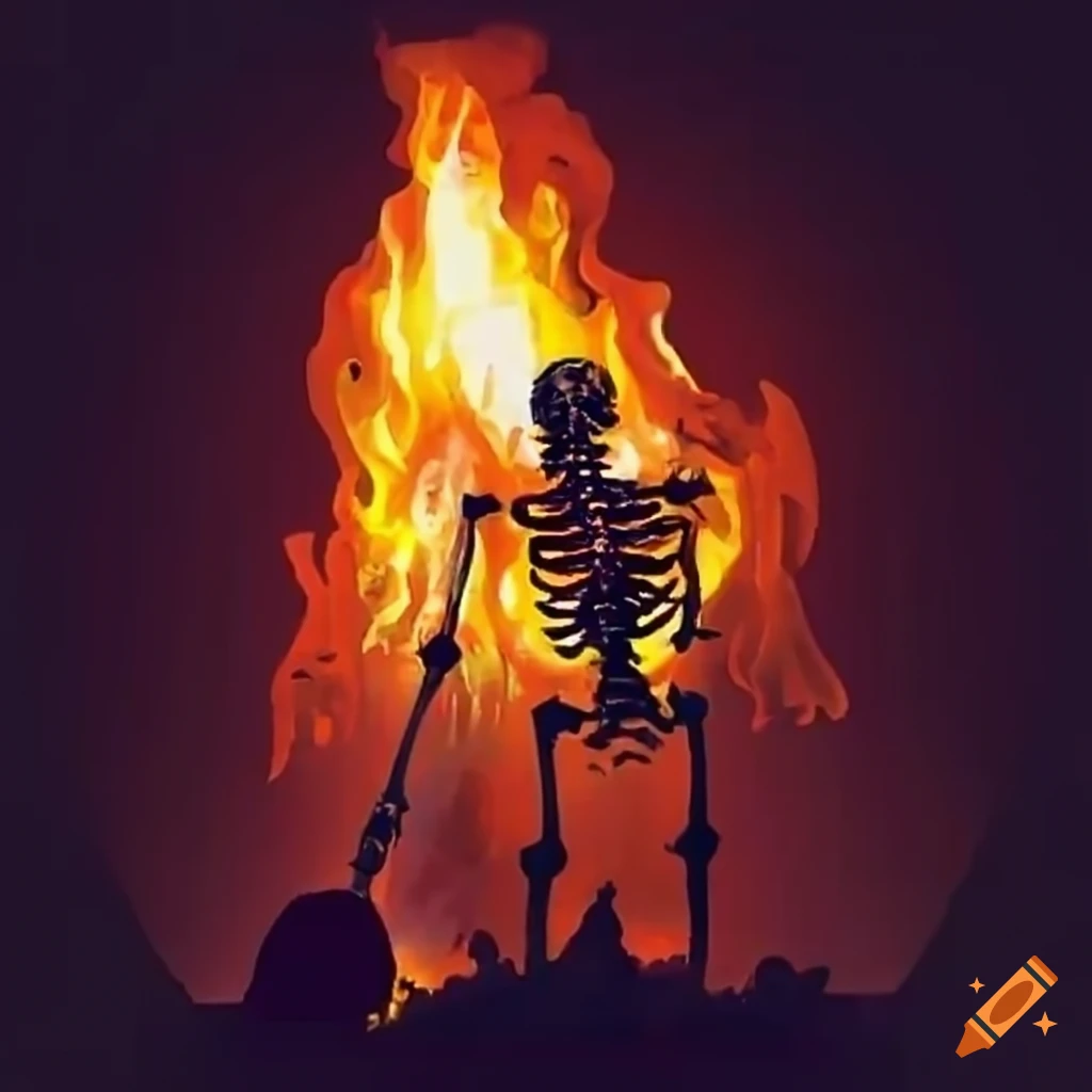 Tall skeleton in a costume burning items in a bonfire with other ...