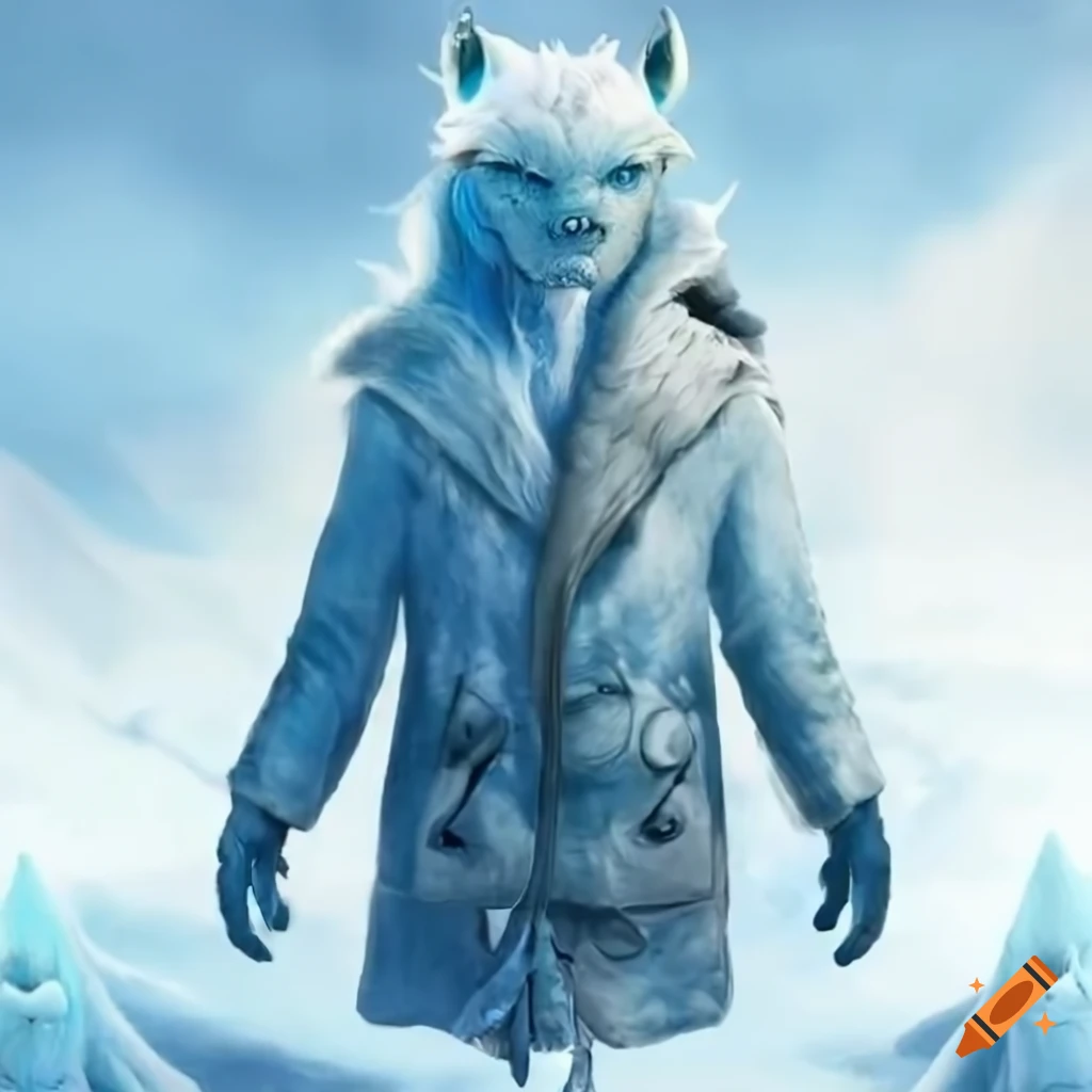 Kind male snow dragon in a woolen coat on Craiyon