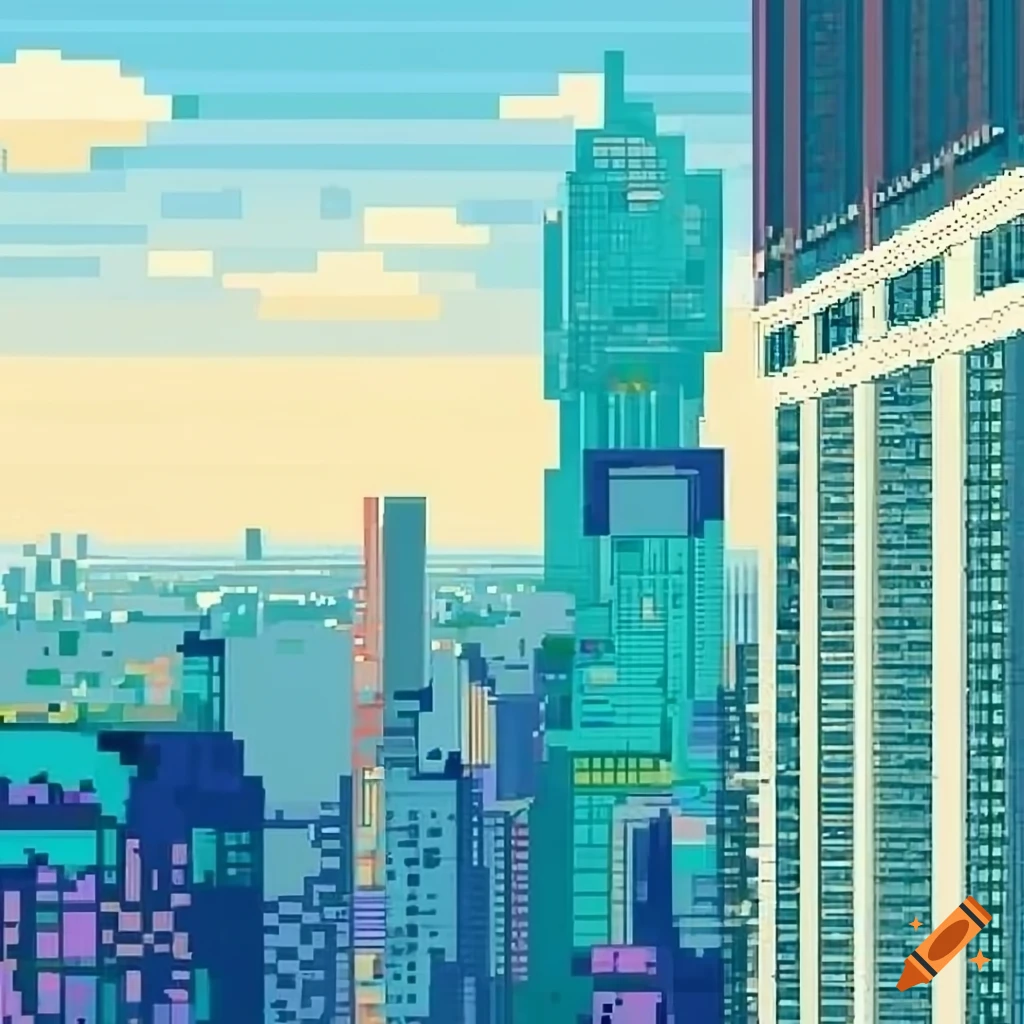 Girl on top of tokyo skyscraper in 90s visual novel pixel art style on Craiyon