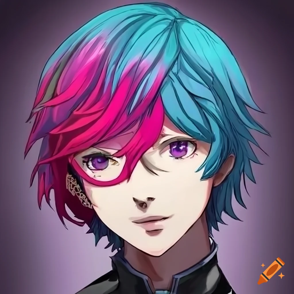 Anime boy with long pink and blue hair in persona style on Craiyon
