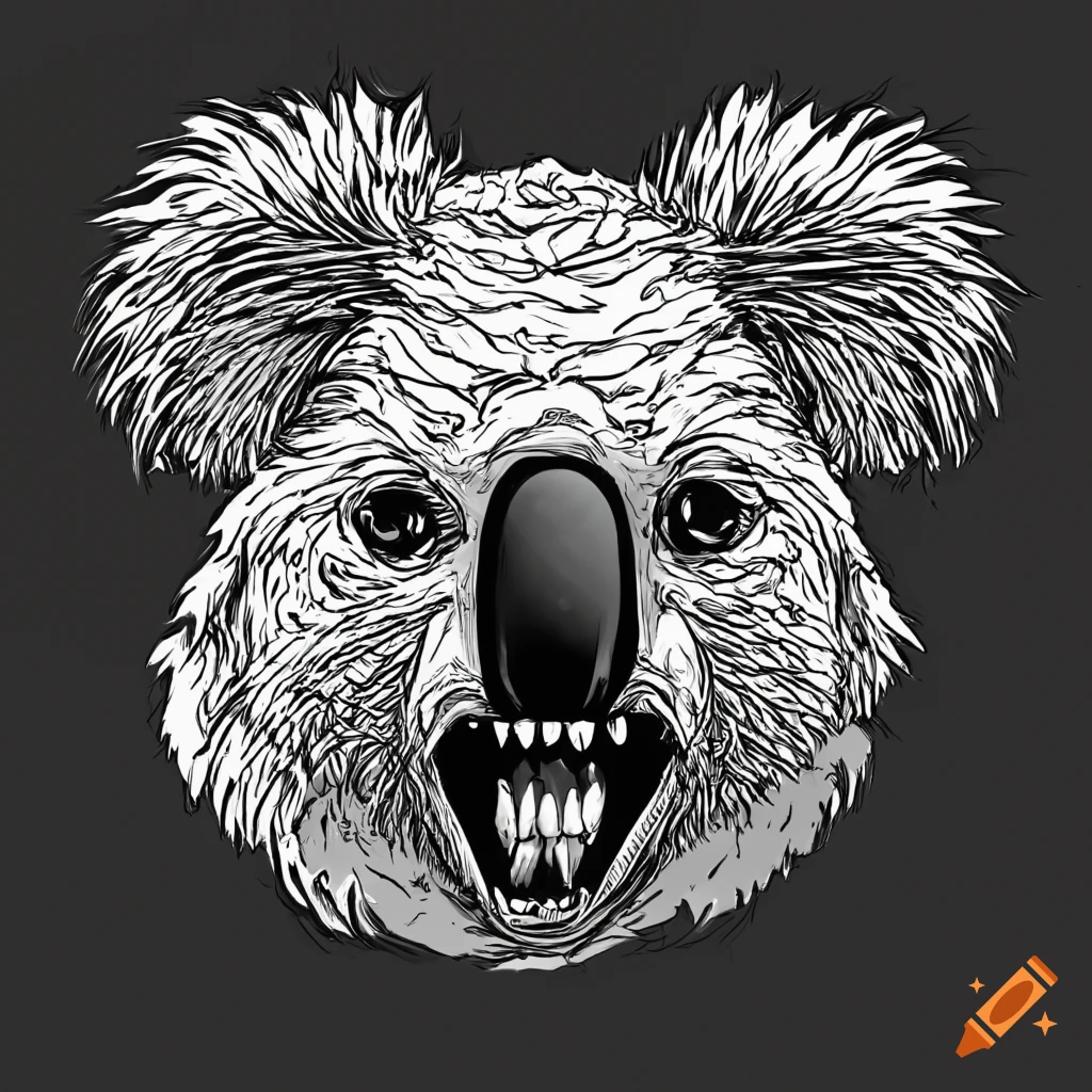 Angry koala with sharp teeth in a thick line drawing on Craiyon