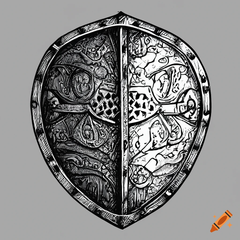 Hand-drawn sketch of a shield in black and white on Craiyon