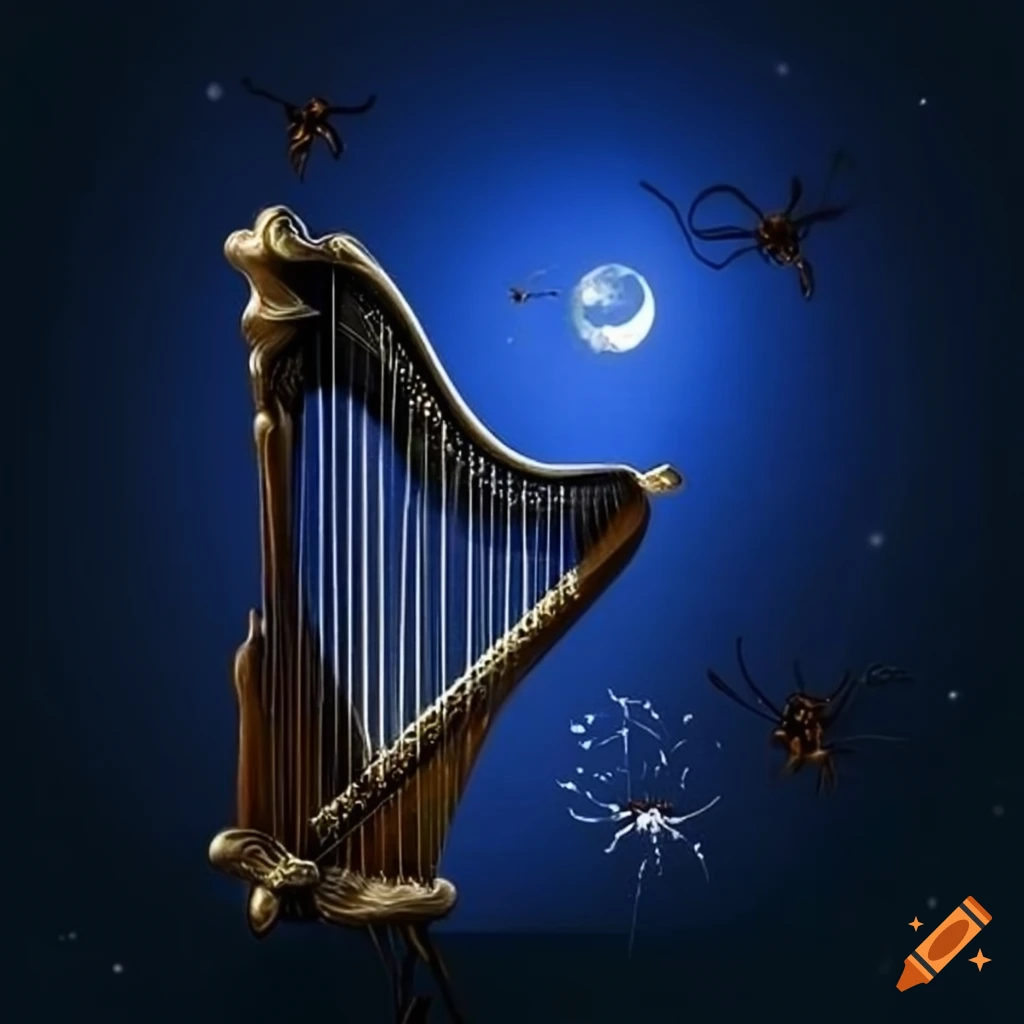 Moon harp with fairy elements and spider on Craiyon