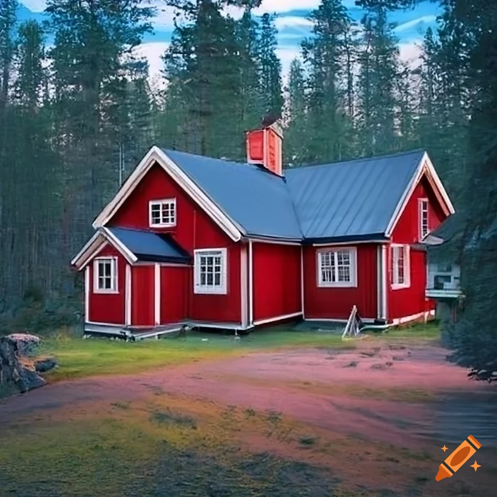 Swedish-style cottage area by a small lake with red cabins and trees on ...