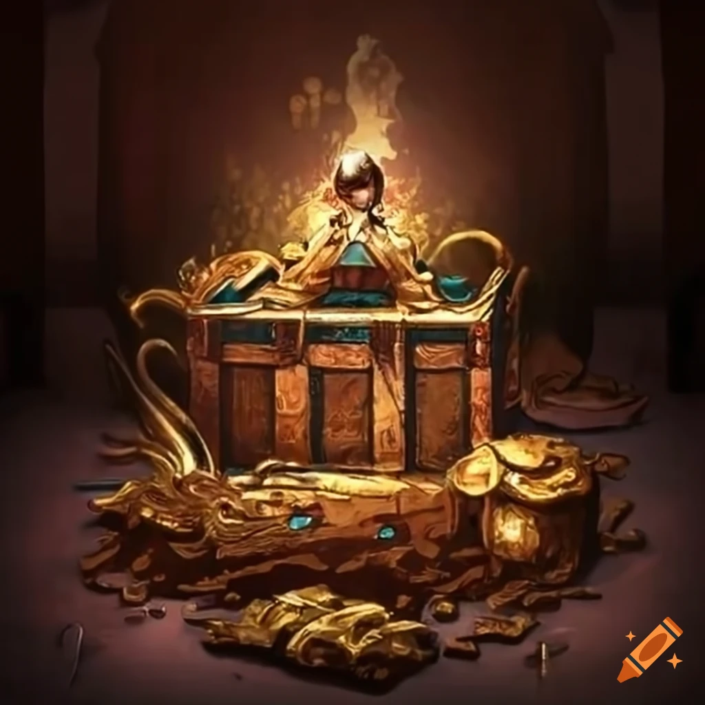 Brave knight discovering an ancient treasure chest on Craiyon