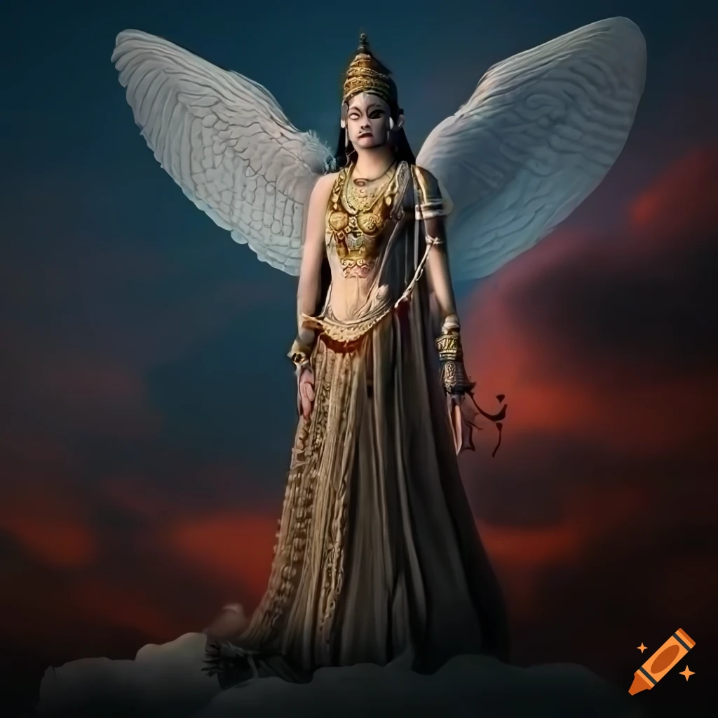 Female hindu vedic warrior divine angel gazing from above clouds on Craiyon