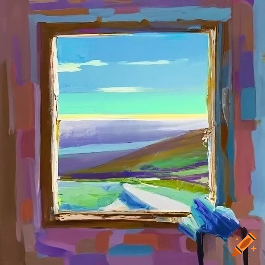Abstract oil painting of a view through a window onto Yorkshire Dales ...