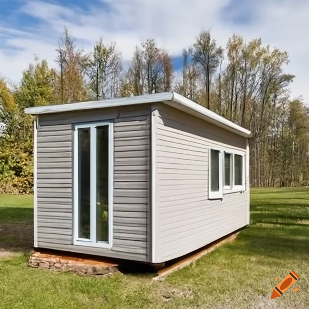 Two plain compact buildings separated by a cement patio on Craiyon