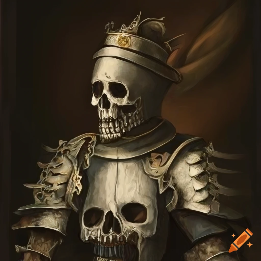 Intricately armored caped knight with skulls and wreath adornments on ...