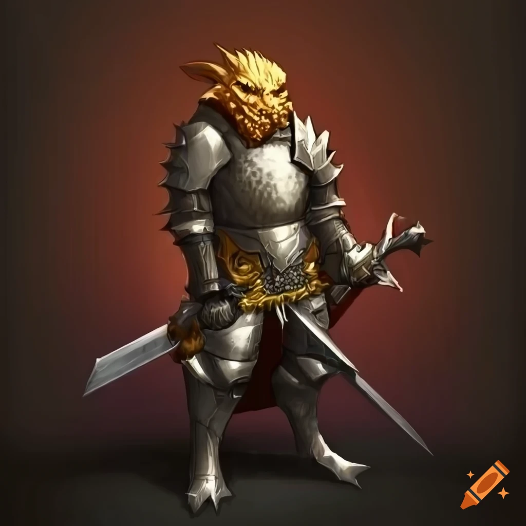 Intricately-detailed dragonborn knight in regal armor holding a sword ...