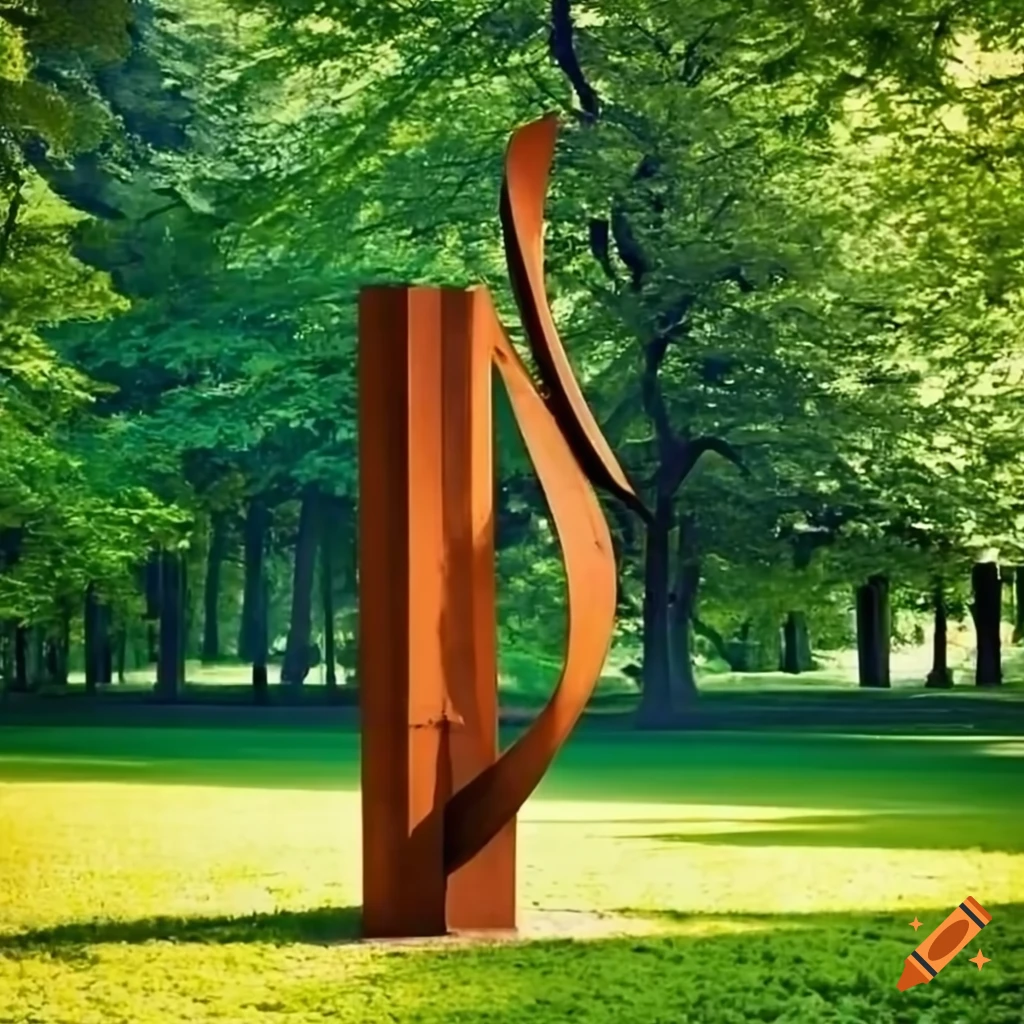 Striking sculpture made of rustic corten steel in a park setting on Craiyon