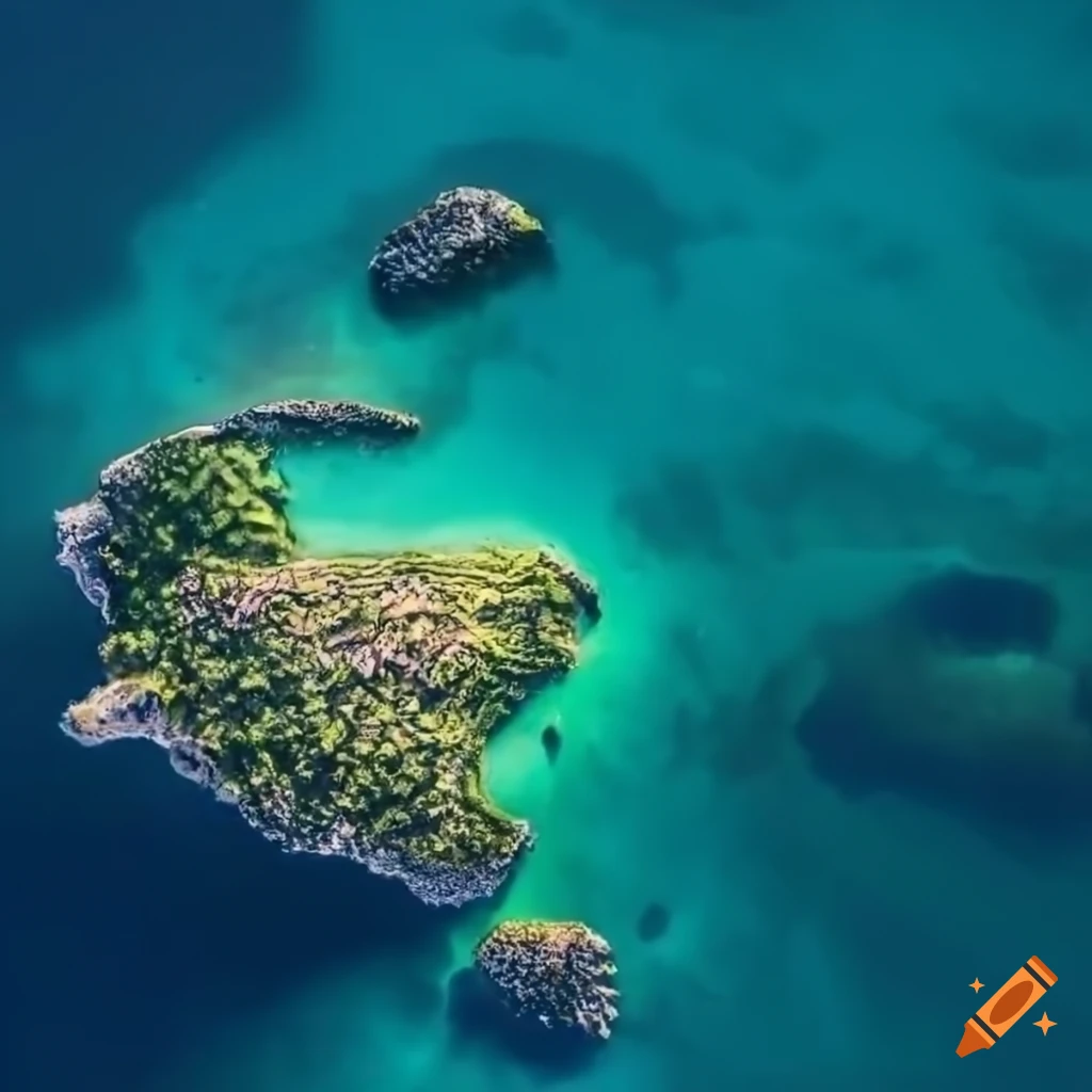 Overhead view of the wide ocean with an island on Craiyon