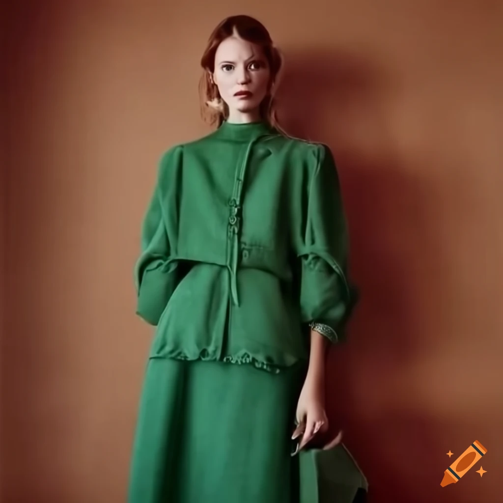 Green monochromatic sézane outfit against dimly lit background by paolo ...