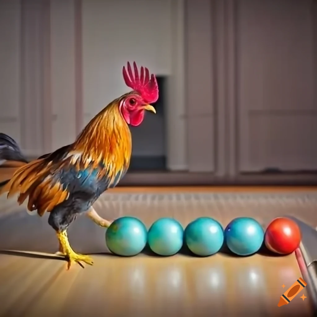 Rooster in a room with bowling balls on Craiyon