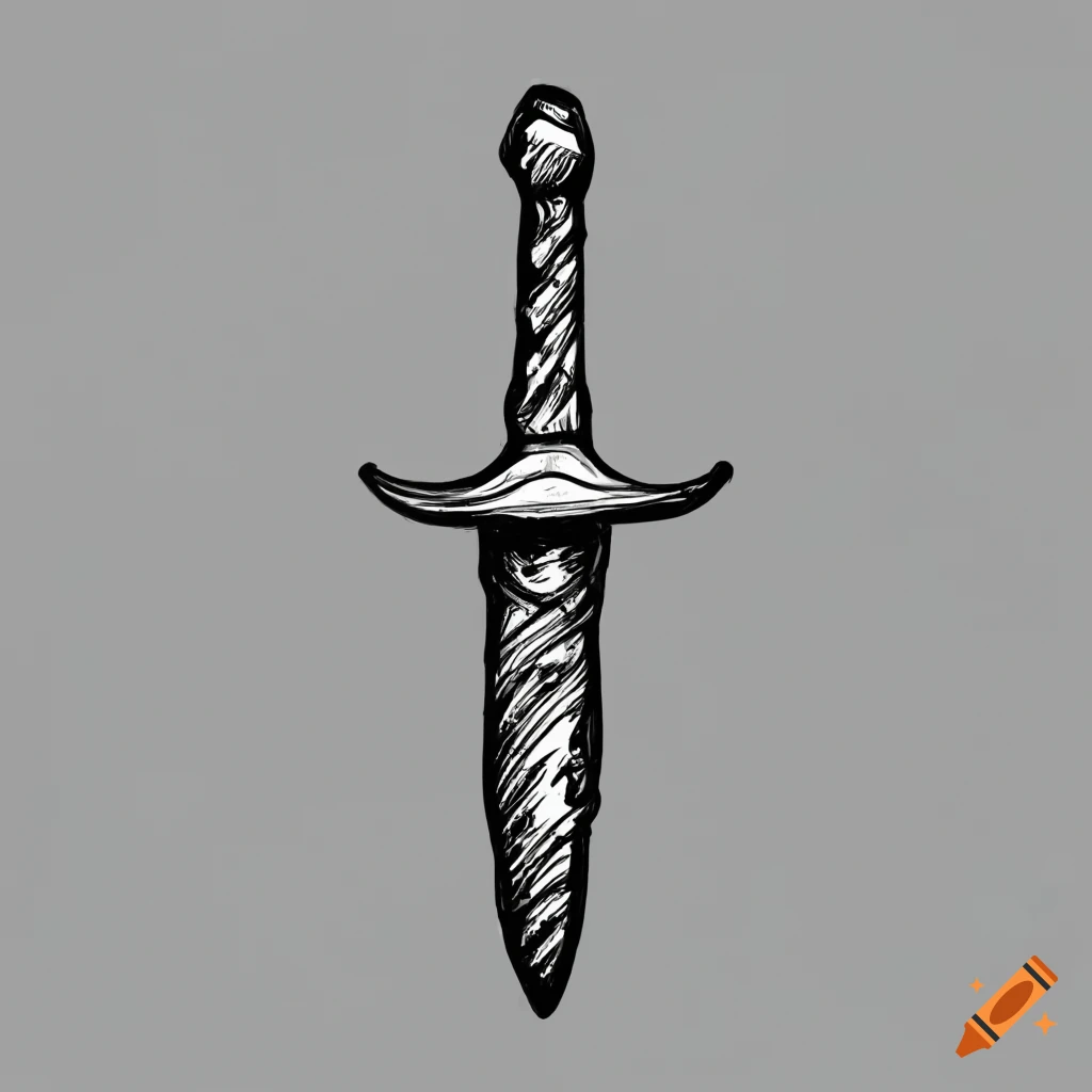 Hand-drawn black and white sketch of a dagger in DND style on Craiyon