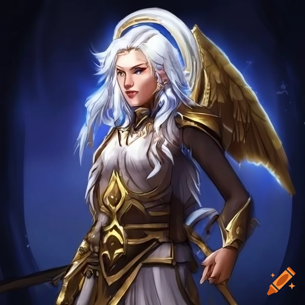 Androgenous aasimar protector with white hair, shield, spear, and ...