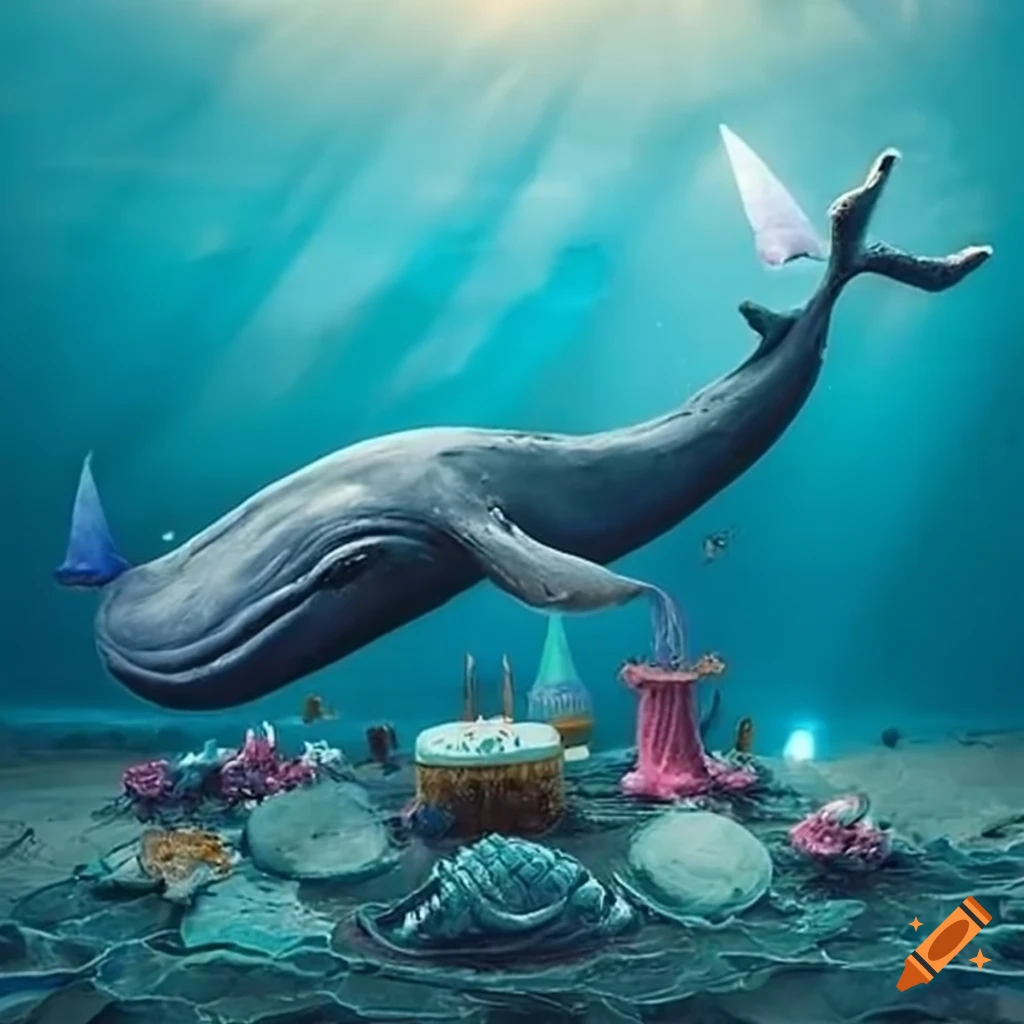 Old whale helping another whale decorate for birthday party on Craiyon