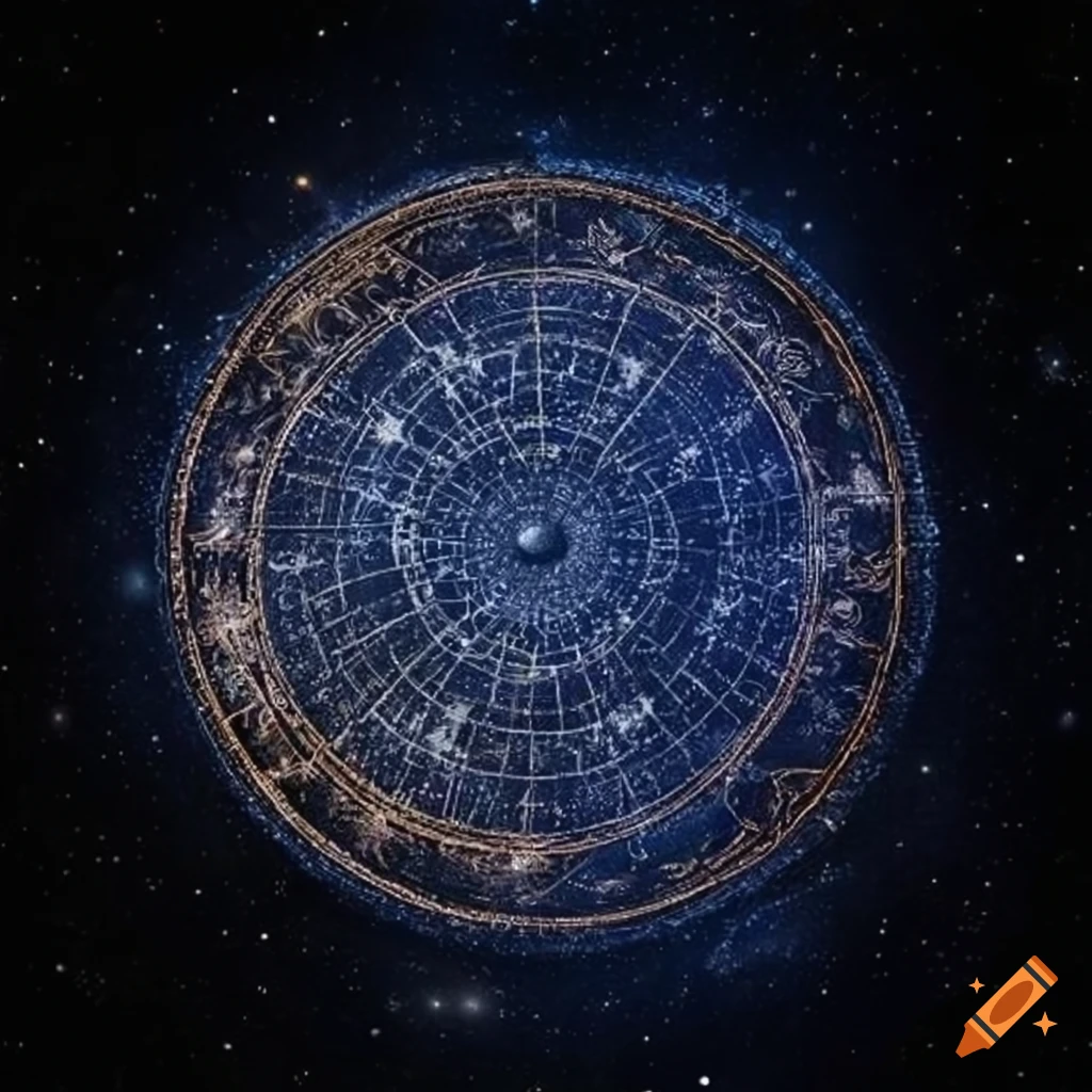Intricate astronomical chart showing stars, planets, and constellations ...