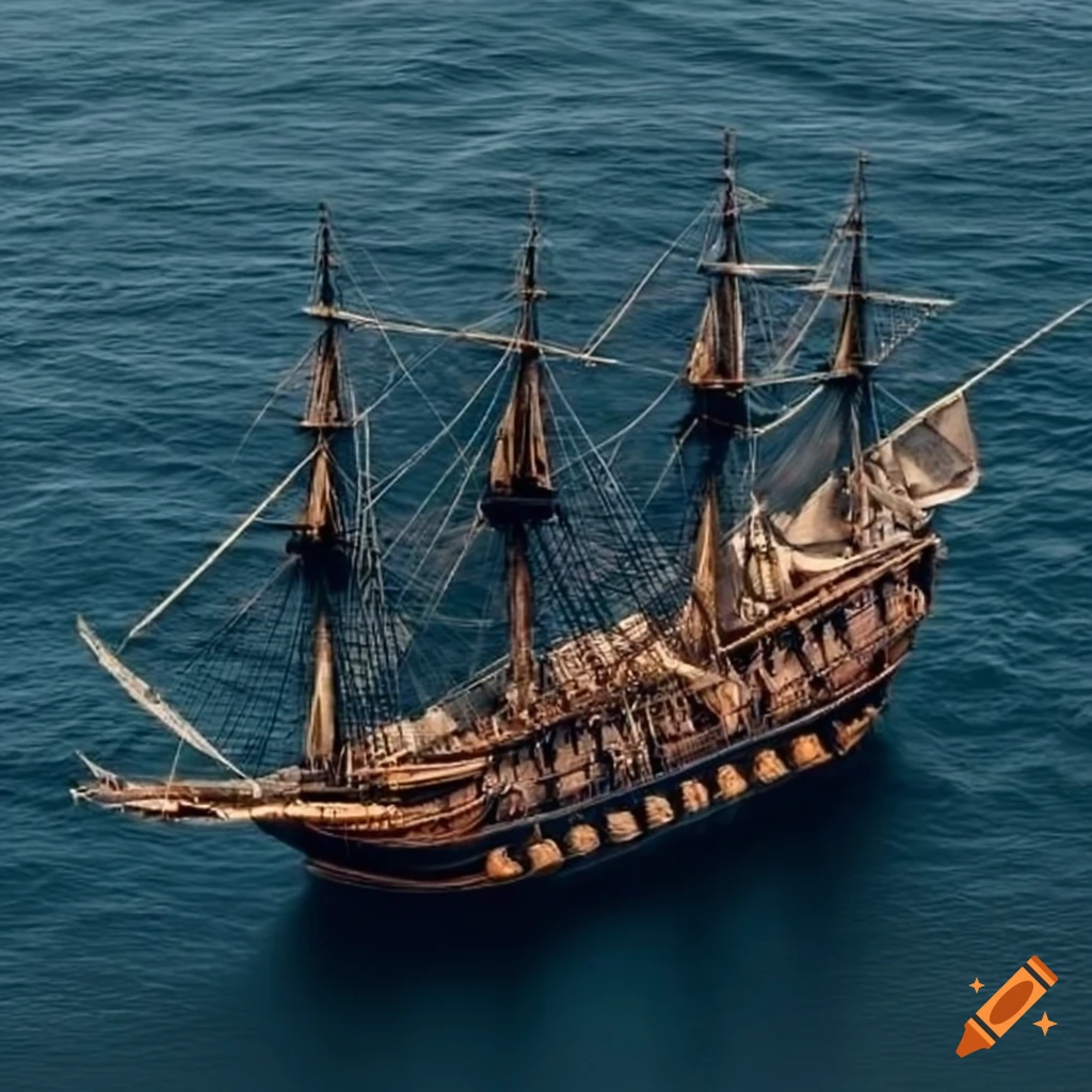 Large wooden frigate with black sails viewed from above on Craiyon