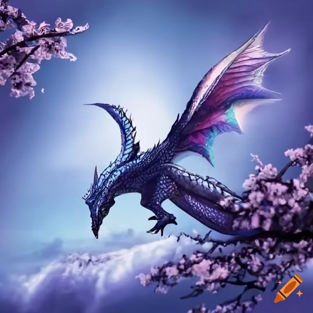 Ice dragon flying through clouds with cherry blossom tree in sight on ...