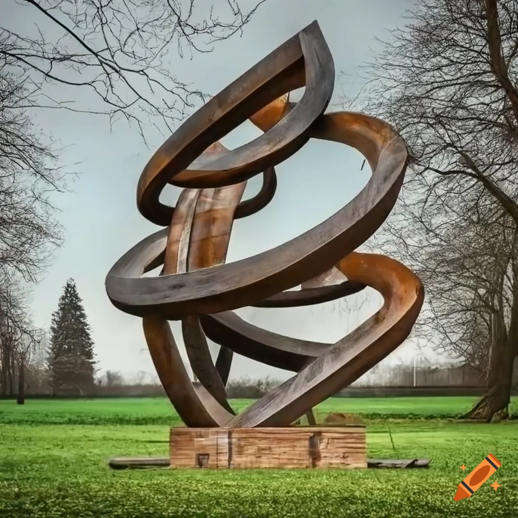 Monumental abstract wood and metal sculpture in a famous park on Craiyon