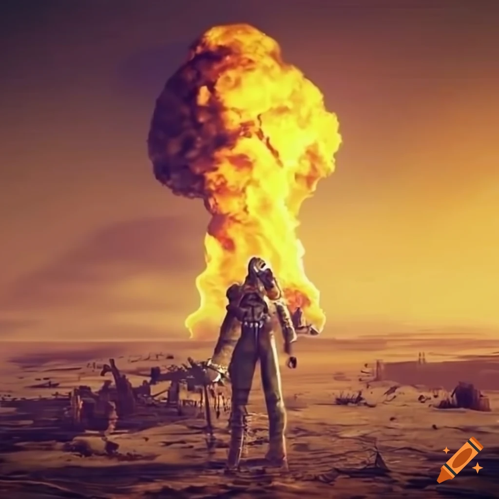 Wasteland wanderer gazing at a yellow nuclear explosion sky on Craiyon