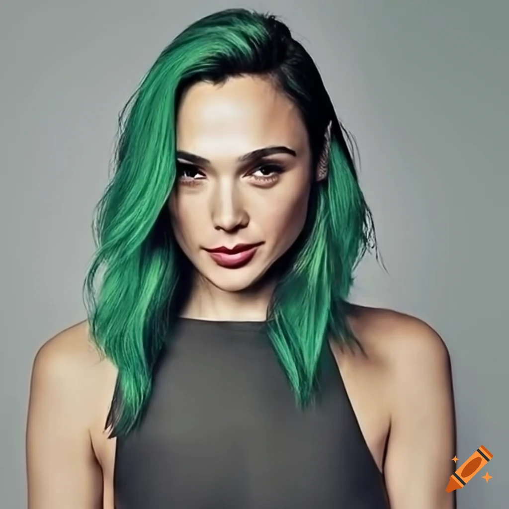 Gal Gadot with green hair in a stunning pose on a grey background on ...